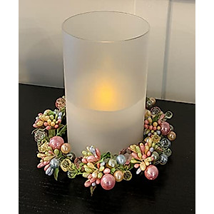 Reg 6 Inch Spring Crystal and Pearlized Berry Candle Ring, Holds 3.75 Inch Pillar Candle - Green, Pink, Yellow and Blue