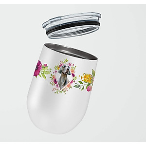 Caroline's Treasures CK4191TBL12 Weimaraner Pink Flowers Stainless Steel 12 oz Stemless Wine Glass Insulated Wine Tumbler with Lid, Cute Travel Cup for Coffee, Cocktails, Gift Women, Mother