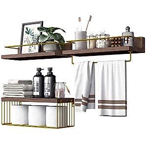 PopiShelves Bathroom Shelves Over Toilet for Wall, Floating Shelves with Storage Basket Paper Holer for Kitchen Living Room, Bedroom & Classroom, Set of 3 (Brown and Gold)