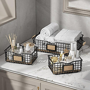 Qcold Bathroom Organizers and Storage, 3 Pack Storage Baskets for Shelves, Multipurpose Closet Storage Bins with Wooden Handle, Decor Organizer Basket Set for Bathroom, Laundry, Living Room - Black