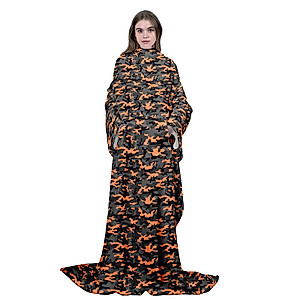 Camouflage Fleece Wearable Blanket with Sleeves Pocket, Camo Orange Grey Black Warm Soft and Cozy Functional Blankets, Military Style Gifts for Women Girlfriend Mom Wife and Daughter, 50"x50"