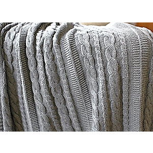 100% Organic Cotton Throw Cable Knit Blanket (50x70in) Super Soft Warm Luxurious Pure All-Season Eco-Friendly (Grey)