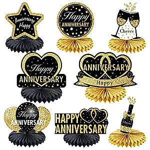 Happy Wedding Anniversary Decorations Table Honeycomb Centerpiece, 8pcs Anniversary Theme Party Supplies for Adult, 10th 25th 30th 40th 50th 60th Anniversary Table Decor Sign