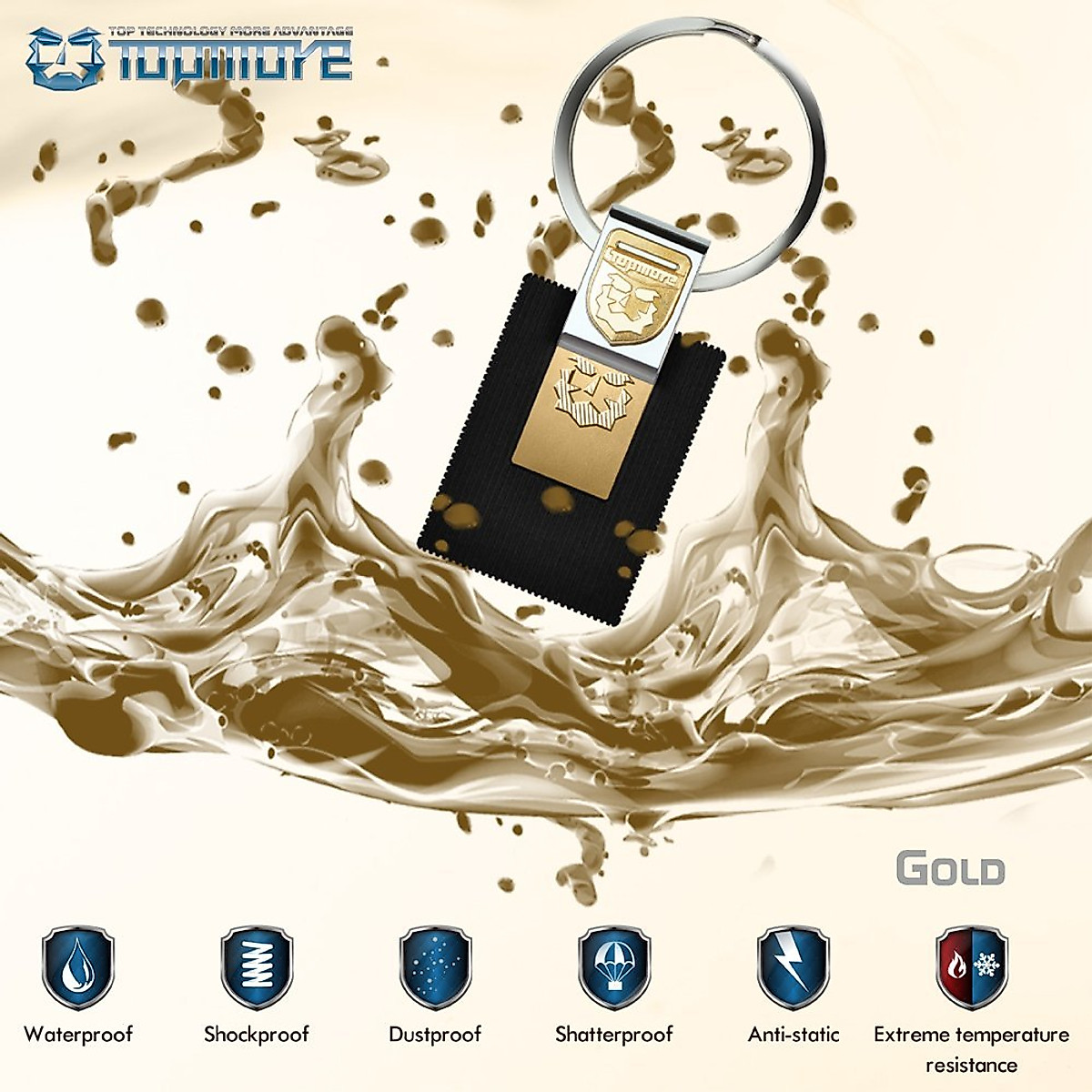 TOPMORE Key Ring ZH Series USB 3.0 Key Ring Design Flash Drive Portable High Read Speed Key Chain Memory Stick (64GB, Gold)