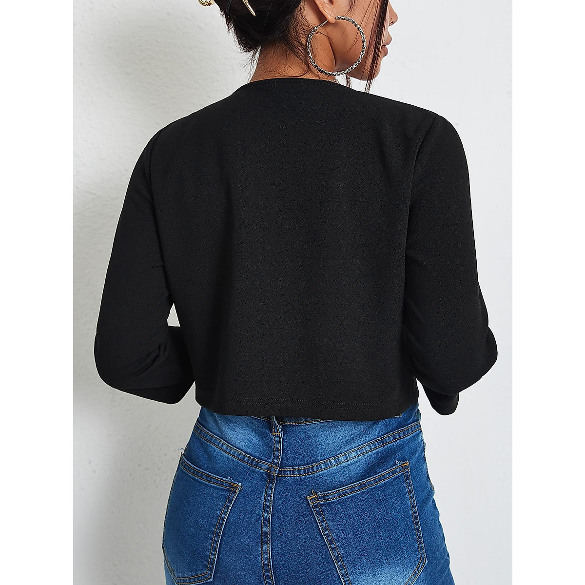 WDIRARA Women's Open Front 3/4 Sleeve Button Cuff Crop Blazer Casual Jackets Black S