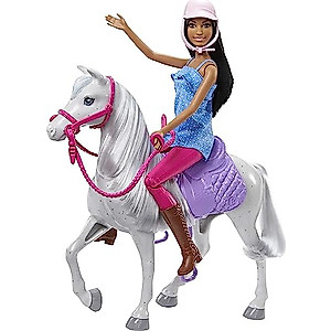 Barbie Doll and Horse, Bendable Brunette Doll with Riding Outfit and Boots, White Horse with Saddle, Bridle and Reins
