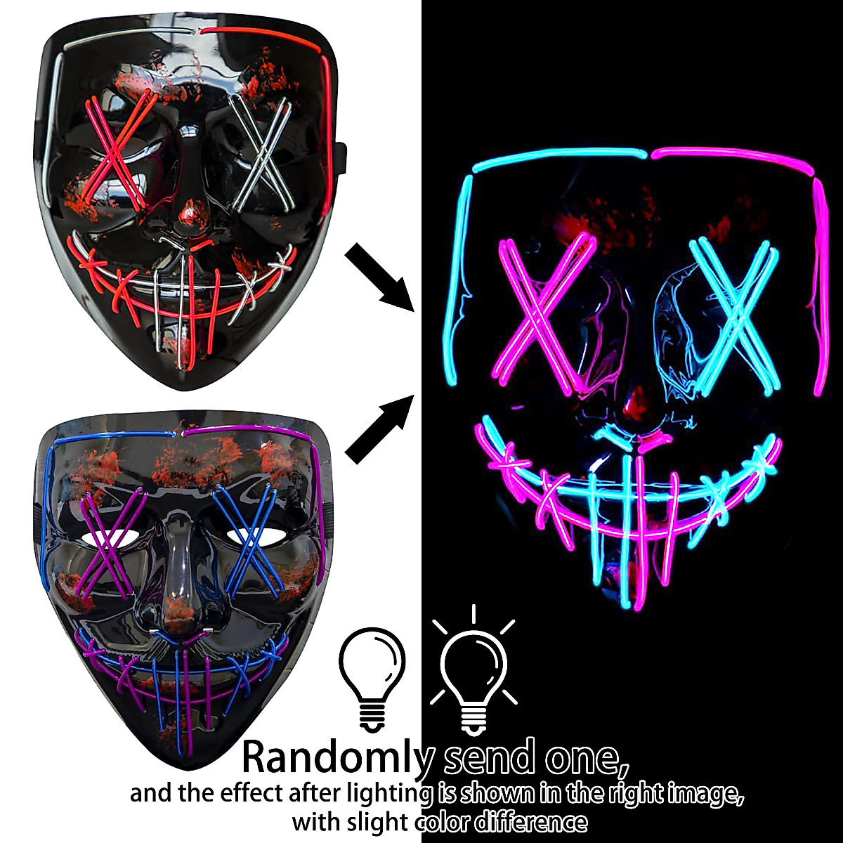 longpo Halloween Purge Mask for Adults Led Light Up Scary Mask Cosplay Costume for Halloween Festival Masquerade Carnival Party (multicolour blue & purple)