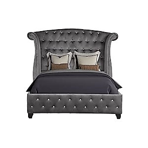 Epinki Queen Bed with Headboard, Gray, Wood, Platform Bed Frame, Easy Assembly