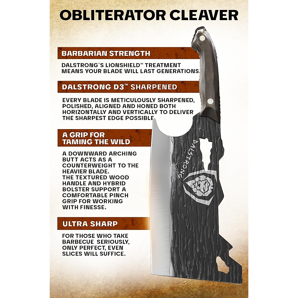 Dalstrong Obliterator Meat Cleaver Knife - 9 inch - Barbarian Series - Premium Swedish 14C28N High Carbon Stainless Steel - Black Brown Stabilized Wood Handle - Massive Heavy Duty Knife with Sheath