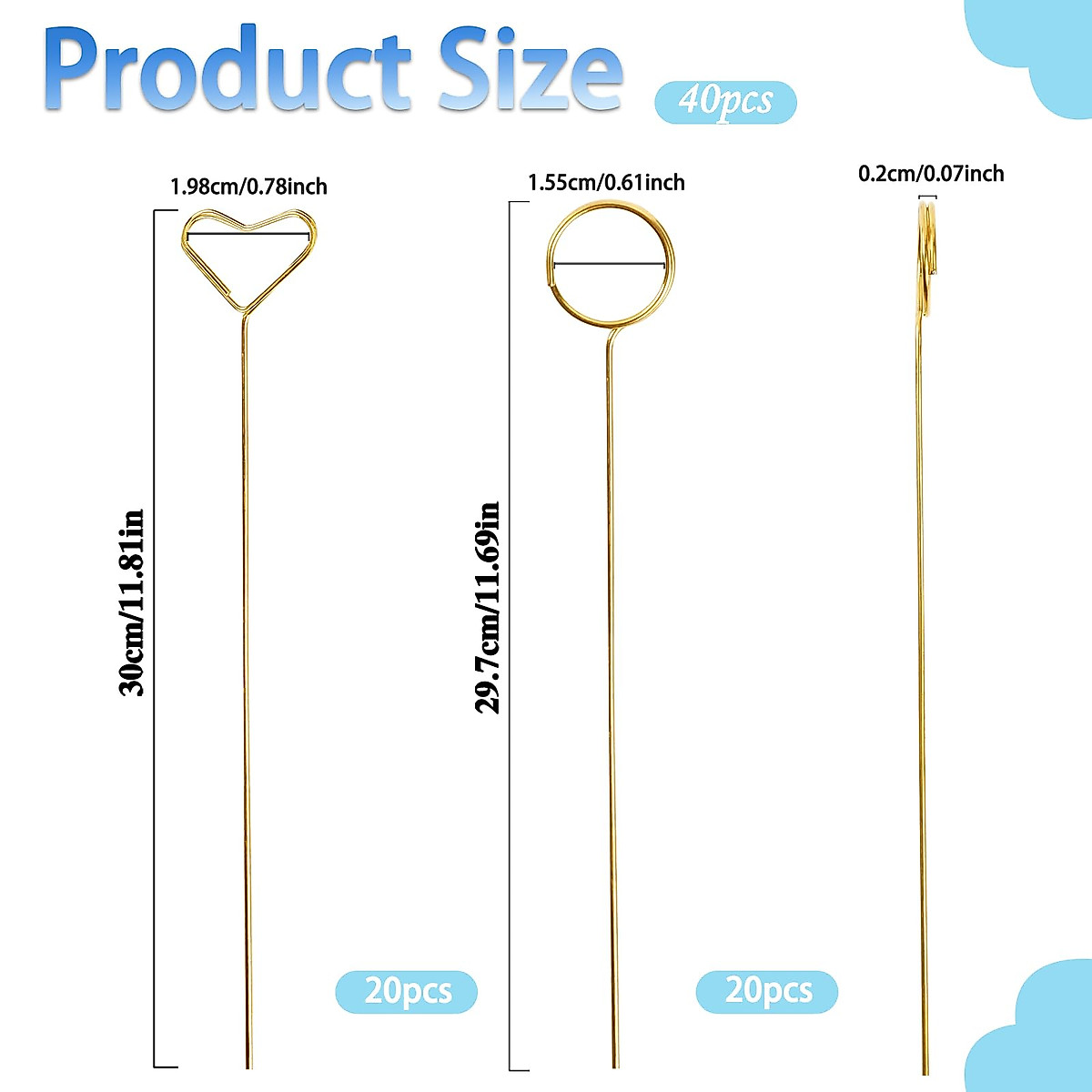 40 Pcs Flower Card Holder Photo Card Holder Floral Picks 12 Inch Metal Floral Place Card Holder Golden Floral Picks Clips Heart Round Shape Flower Ring Loop for Wedding Flower Arrangements DIY Craft