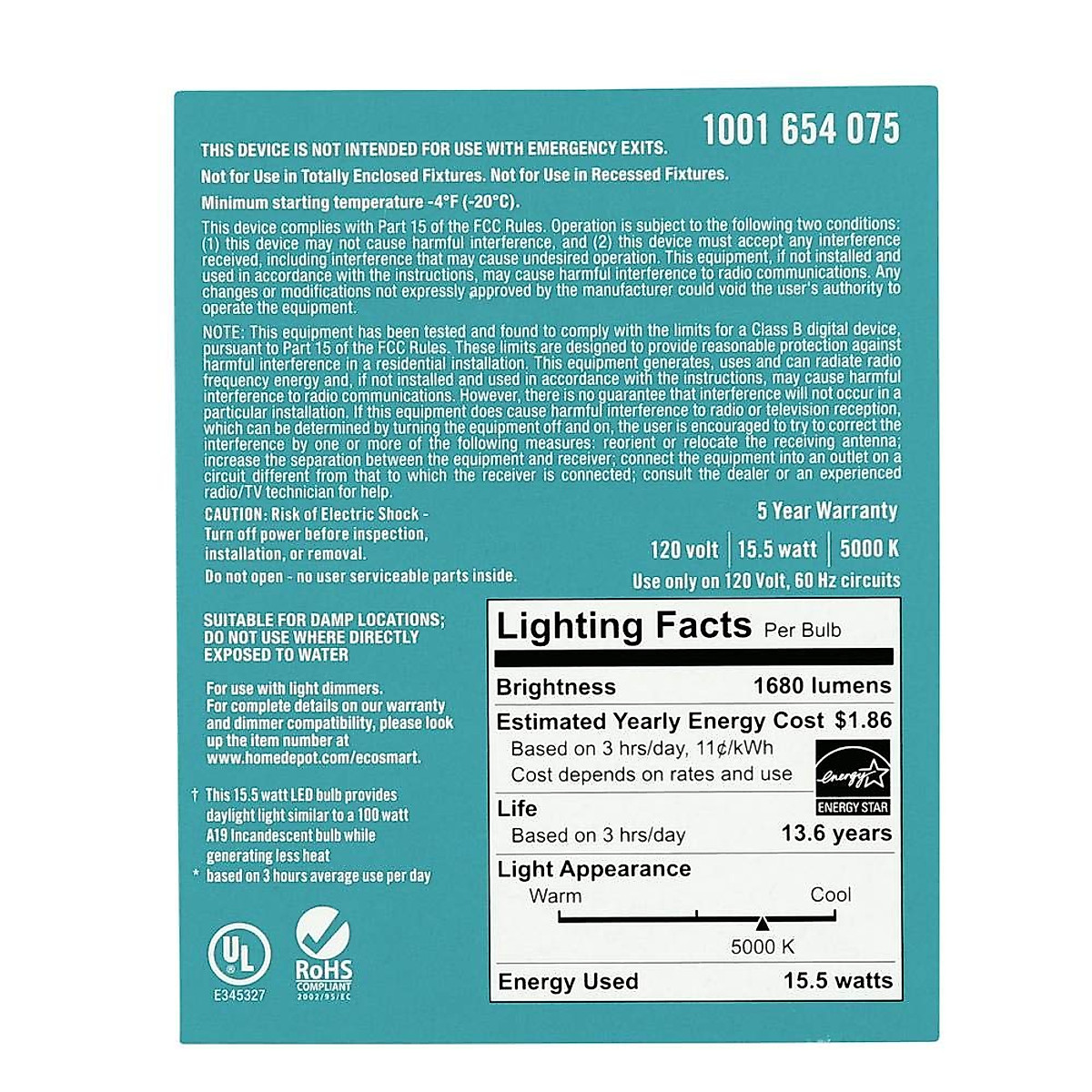 (8-Pack) EcoSmart LED Dimmable 100-Watt Daylight Light Bulb, A19, 1680-Lumen, 5000K, E26 Base