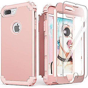 IDweel iPhone 8 Plus Case, iPhone 7 Plus Case with Tempered Glass Screen Protector, 3 in 1 Shockproof Hybrid Heavy Duty Protection Hard PC Cover Soft Silicone Bumper Full Body Durable Case, Rose Gold