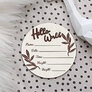 Baby Birth Announcement Sign Wooden Hello World Newborn Sign Baby Name Information Sign for Baby Shower Nursery Wall Decor