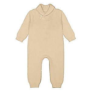 Makkrom Unisex Baby Boy Girl Romper Shawl Collar Cable Knitted Sweater Infant Long Sleeve One-Piece Overall Newborn Jumpsuits Beige