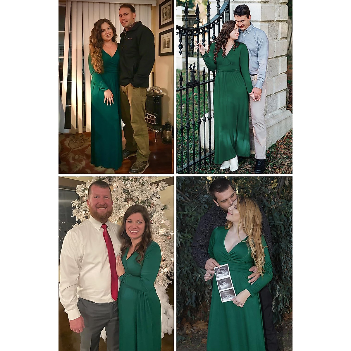 OUGES Womens Long Sleeve Green Dress V-Neck Wrap Waist Maxi Dress(Green,M)