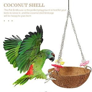 LOGOFUN Natural Coconut Shell Bird Nest Parakeet Nesting Box Parrot Bird Coconut Hut Hanging Bed Cage Swing Toys for Budgie Cockatiel Lovebird