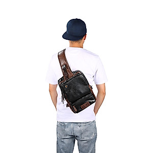 QICHUANG Men Vintage Sling Bag PU Leather Crossbody Unbalance Shoulder Bag with USB Charging Port Gift for Men