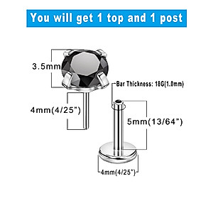 Tragus Piercing Jewelry Surgical Steel Cartilage Earrings 18g Threadless Nose Stud 5mm Lip Ring Push in Labret 3.5mm Black CZ Nose Rings for Women Conch Stud Helix Earring Rook Earrings Flat Back