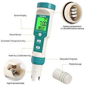 GISNPA 7 in 1 pH/TDS/EC/ORP/S.G/Salinity/Temp Meter with ATC pH Tester, 0.01 Resolution High Accuracy Digital pH Meter, Water Tester for Drinking, Hydroponics, Swimming Pool and Aquarium