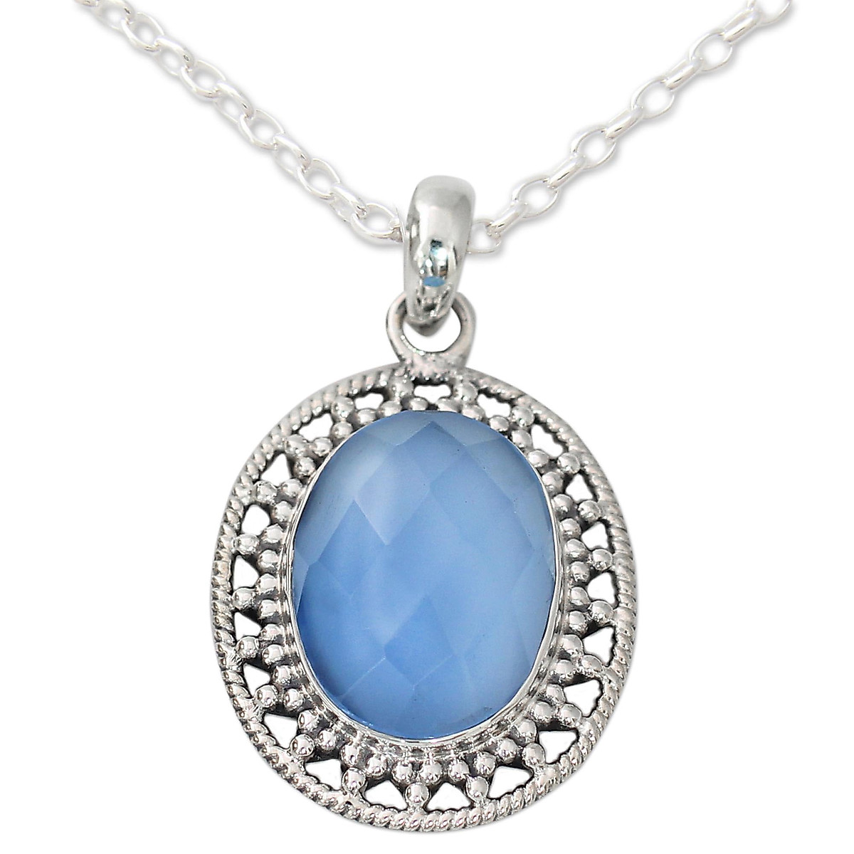 NOVICA Artisan Handmade Chalcedony Pendant Necklace Pale Blue Artisan Crafted Silver Sterling India Serenity Airy [18 in L 2 mm W Pendant(s) 1.6 in L x 0.9 in W x 0.3 in D] ' Azure Ice'