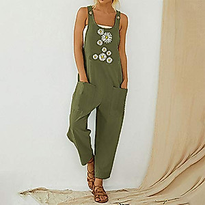 Sdeycui Womens Summer Ethnic Print Loose Overalls Wide Long Leg Jumpsuit Pockets(Green, M)