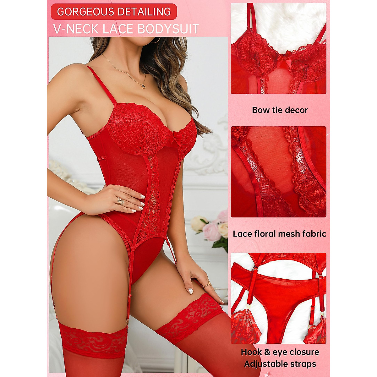 ssyyx Women's Sexy Lingerie Set with Garter Belt Lace Bodysuit Teddy Baby Dolls Panty with Stockings