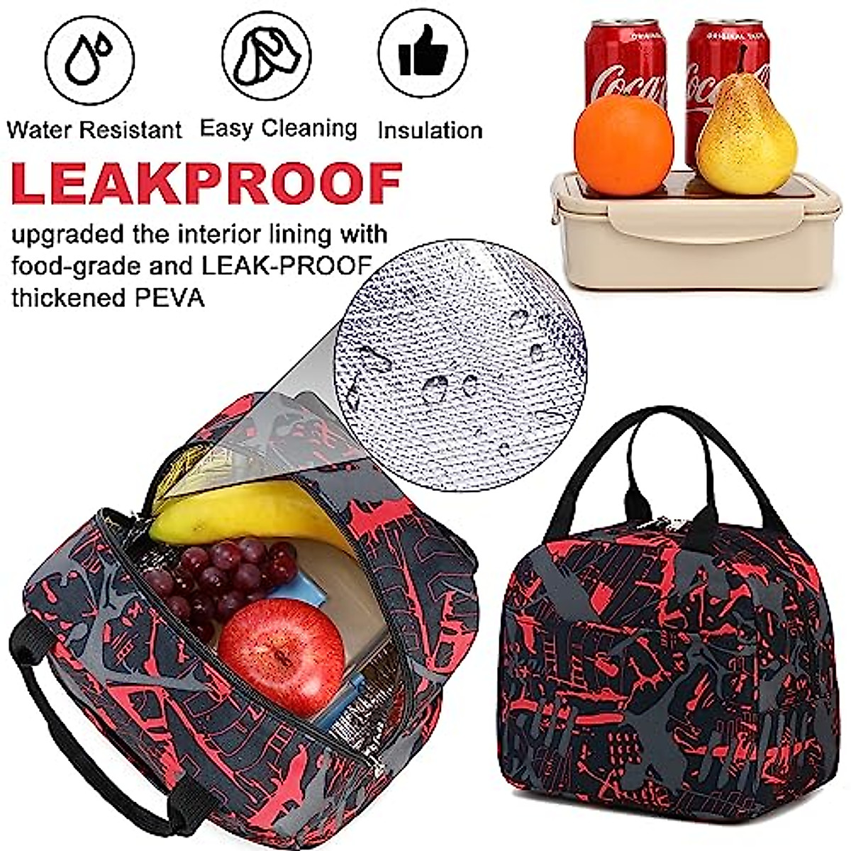 LEDAOU Backpack for Teen Boys School Bags Kids Bookbags Set School Backpack with Lunch Box and Pencil Case (Graffiti Red)