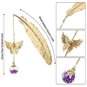 2 Pieces Metal Feather Bookmark Metal Leaf Bookmark with 3D Butterfly, Glass Dry Flower Beads Pendant and Box for Reader Students Friends