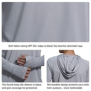 Men UPF 50+ Sun Protection Athletic Hoodie Long Sleeve Performance Workout SPF/UV Shirt Recreation Thumbholes Shirts Dry Fit Thermal for Cycling Running Fishing Grey