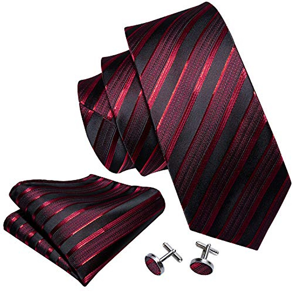 Barry.Wang Stripe Men Ties Set Classic WOVEN Necktie with Handkerchief Cufflinks Formal Black Red