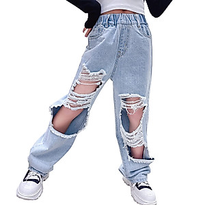 NABER Kids Girls Elastic Waist Cool Ripped Jeans Washed Denim Wide Leg Ripped Denim Jean Age 4-14 Years (Blue1, 11-12 Years)