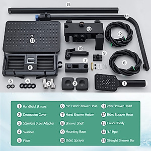 Gmusre Wall-Mounted Bathroom Shower System Matte Black Shower Faucet Fixture with Rainfall Shower Handheld Shower, Tub Spout Temperature Display Shower Faucet Set include Shower Shelf