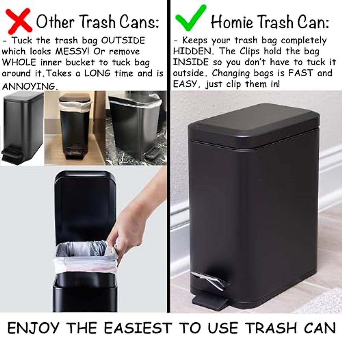 Homie Soft Close, Slim Trash Can 3.2 Gallon with Anti - Bag Slip Liner and Lid, Use as Mini Garbage Basket, Slim Dust Bin, or Decor in Bathroom, Restroom, Kitchen, or Bedroom (Matte Black)