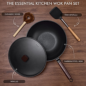 Carbon Steel Wok Pan - 12.9" Wok Pan with Lid, Woks & Stir-fry Pans Nonstick with Spatula & Brush, Chinese Wok Flat Bottom Wok for Induction, Electric, Gas, All Stoves