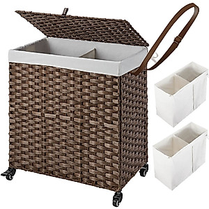Greenstell Laundry Hamper with Wheels, No Install Needed, 110L Divided Handwoven Hampers & 2 Removable Liner Bags, Rattan Clothes Laundry Basket with Lid & Handles, Foldable Hampers Brown 22x13x26.4In