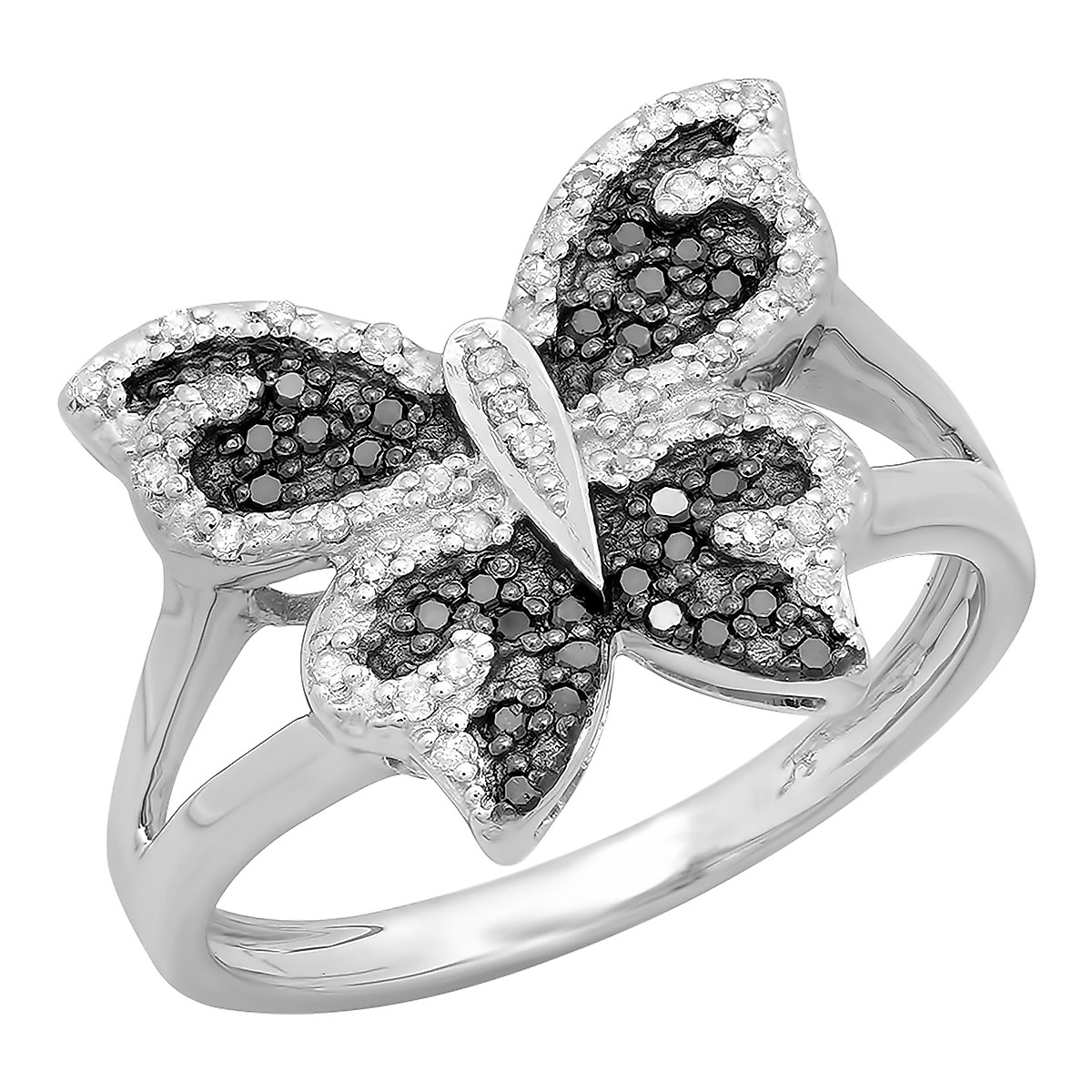 Dazzlingrock Collection 0.24 Carat (ctw) Sterling Silver Round Black & White Diamond Butterfly Right Hand Ring 1/4 CT, Size 7