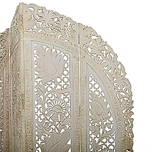 Deco 79 Wood Floral Handmade Hinged Foldable Arched Partition 4 Panel Room Divider Screen with Intricately Carved Designs, 60" L x 2 "W x 72"H, White