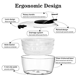 Ourokhome Salad Spinner Lettuce Dryer, Rotary Veggie Washer with Compact Bowl and Colander, Easy to Clean, Wash, Dry Vegetables, Fruits, Lettuce, Greens, Lockable Lid, 4L, White