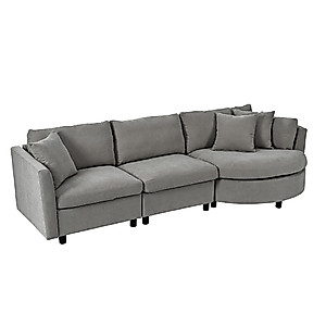 Merax 3 Seater Upholstered Couch Living Room Sofa with Three Pillows and Curved Seat for Apartment, Grey Sectional
