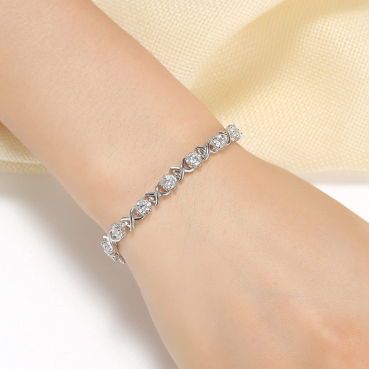 Foruiston Silver Bracelets & XO Tennis Bracelet 7.25"- Perfect Valentine's Day Jewelry Gifts for Women (White, Box clasp with safety)