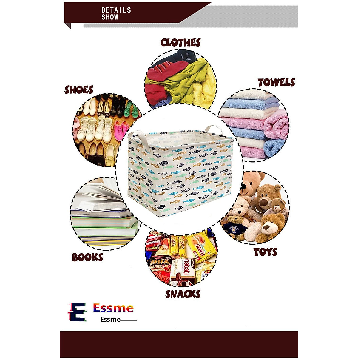 Essme Rectangular Fabric Storage Box,Collapsible Storage Basket Bins Organizer with Handles for Kids Room,Shelf Basket,Toy Organizer(Fish)