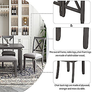 XD Designs 6-Piece Dining Room Table Set, Rustic Farmhouse Dining Room Foldable Table with 4 Upholstered Chairs & Bench, Solid Wood Kitchen Dining Room Set for 4-6 Persons (Gray 60in)