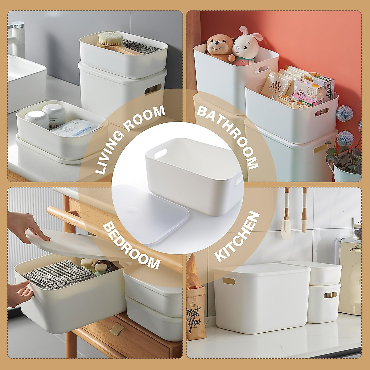 WINWOL S White Bins for Organizing - Plastic Storage Baskets for Shelves,Organizer Bin Large,For Home and Office Use,Efficient Storage Bin for All Needs (S)