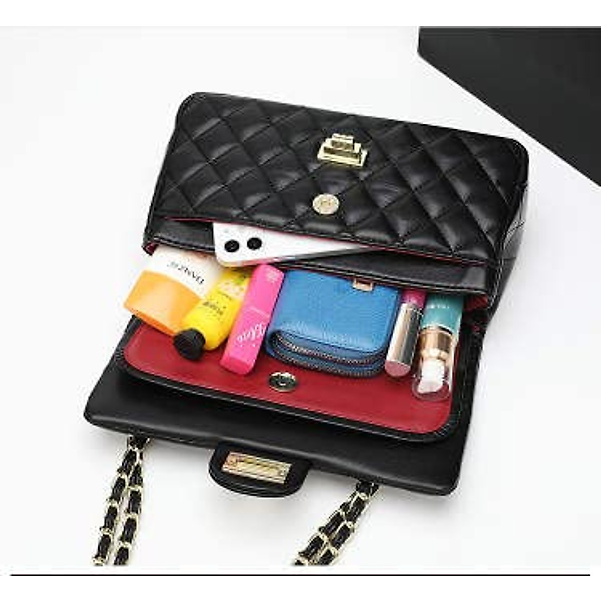 Quilted Crossbody Bag for Women - Shoulder Bag with Convertible Chain Strap and Twist Lock - Classic and Sleek for Phone/Wallet/Cards - Gift for Her (Black)