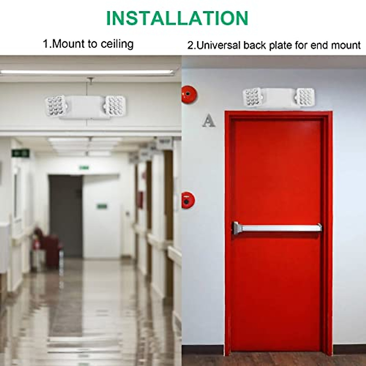 MAVARO White LED Emergency Lighting Fixture with 2 LED Heads and Hardwired Adjustable Exit Light Exit Sign for Business / Home with Battery Backup 110-277V, UL Certified, Fire Resistant