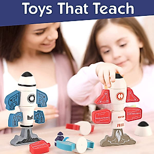 Liberty Imports 33PCS Magnetic Rocket Ship Building Set, Stacking Blocks Model Toy for Kids, DIY Construction Learning Space Mix, and Stem Magnets Activity Set Puzzle Playset