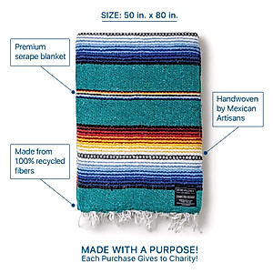 Benevolence LA Mexican Blanket, Authentic Handwoven Yoga Blanket & Outdoor Blanket, Made by Traditional Mexican Artisans, Saddle Blanket, Beach Blanket, Picnic Blanket, & Car Blanket 75 x 52 - Agua