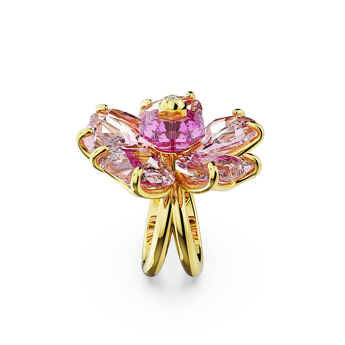 SWAROVSKI Florere Cocktail Ring, Flower Motif with Pink Crystals on a Gold-Tone Finished Double Band, Size 7, Part of the Florere Collection