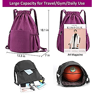 CALACH Drawstring Backpack Sports Gym Bag Yoga Travel Sackpack for Women Men Waterproof Nylon Gym Sack DayPack with Multi Pockets (Purple2)