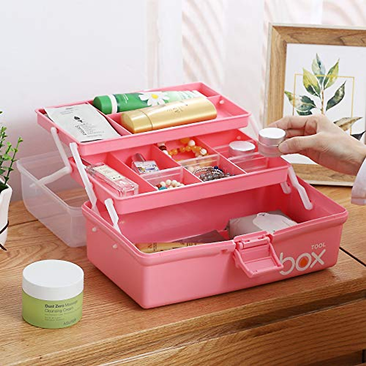 Kinsorcai 12'' Three-Layer Clear Plastic Storage Box/Tool Box, Multipurpose Organizer and Portable Handled Storage Case for Art Craft and Cosmetic (Pink)